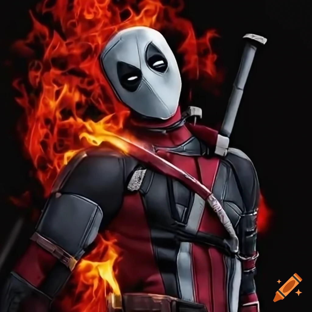 White deadpool wielding the power of black fire on Craiyon