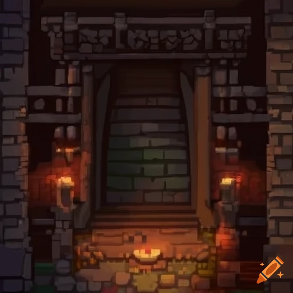 Pixel art of a hidden dungeon entrance in a small town on Craiyon