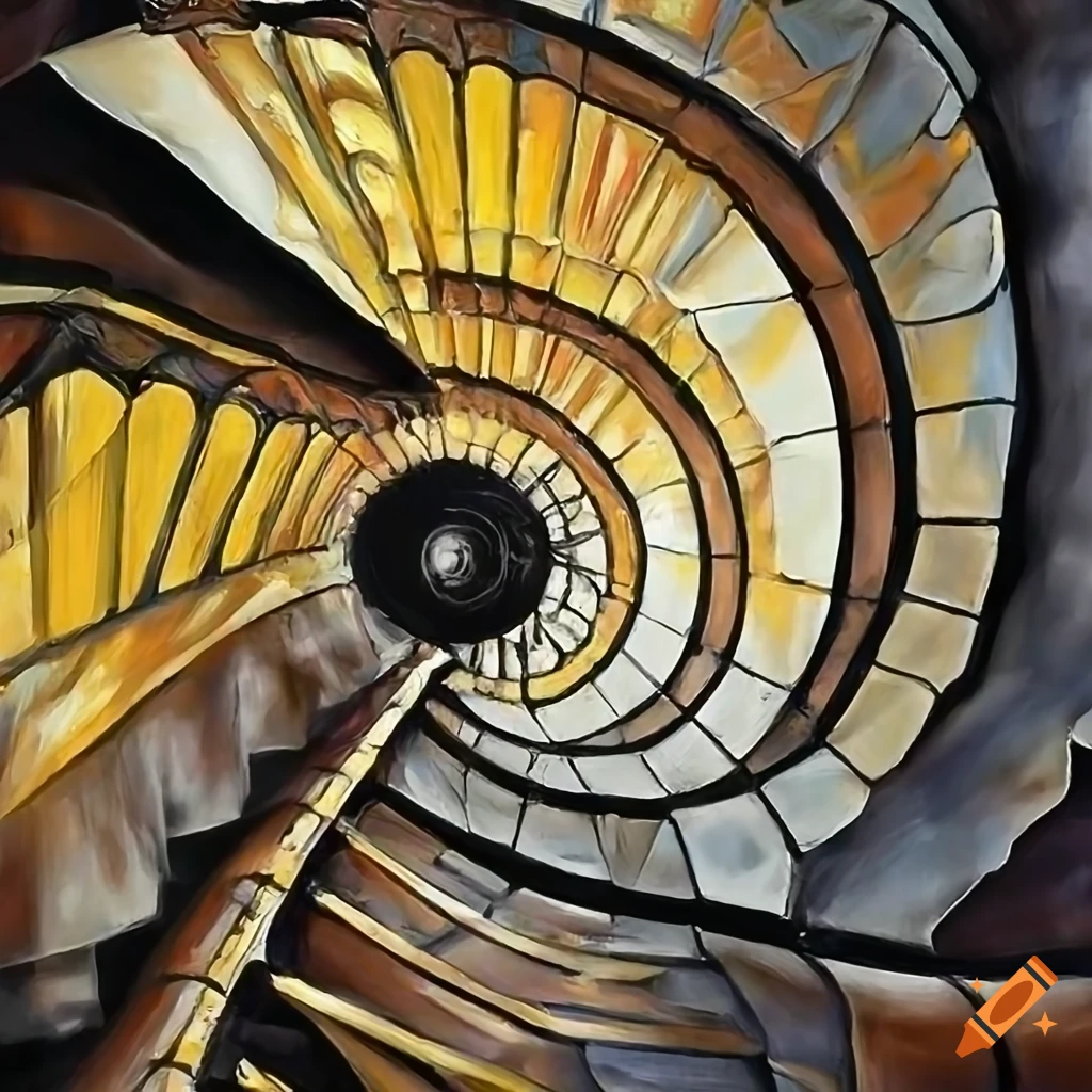 Surreal painting of industrial machinery and android people on a spiral ...