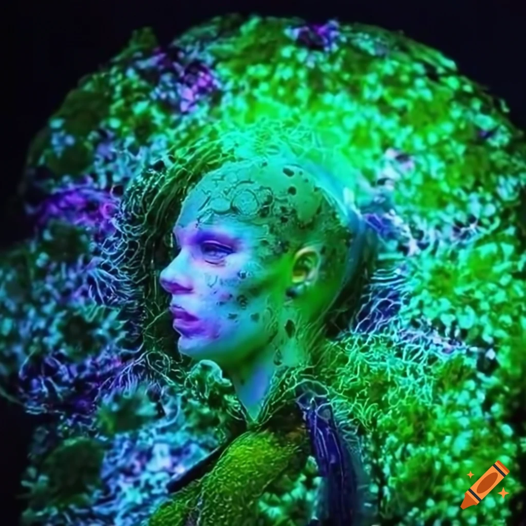 High-tech biopunk cyborg covered in glowing moss in a futuristic ...