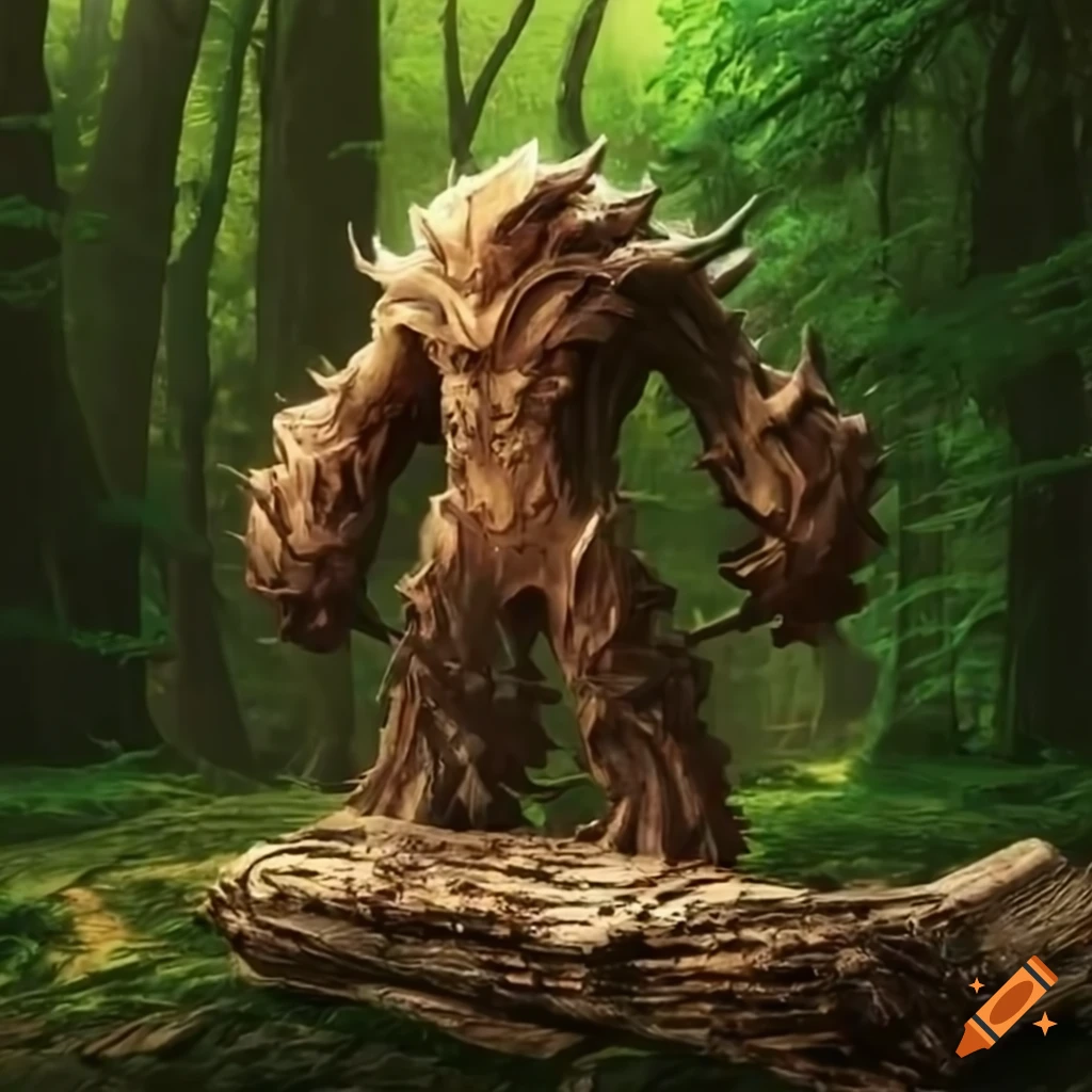Wood log elemental walking in a forest on Craiyon
