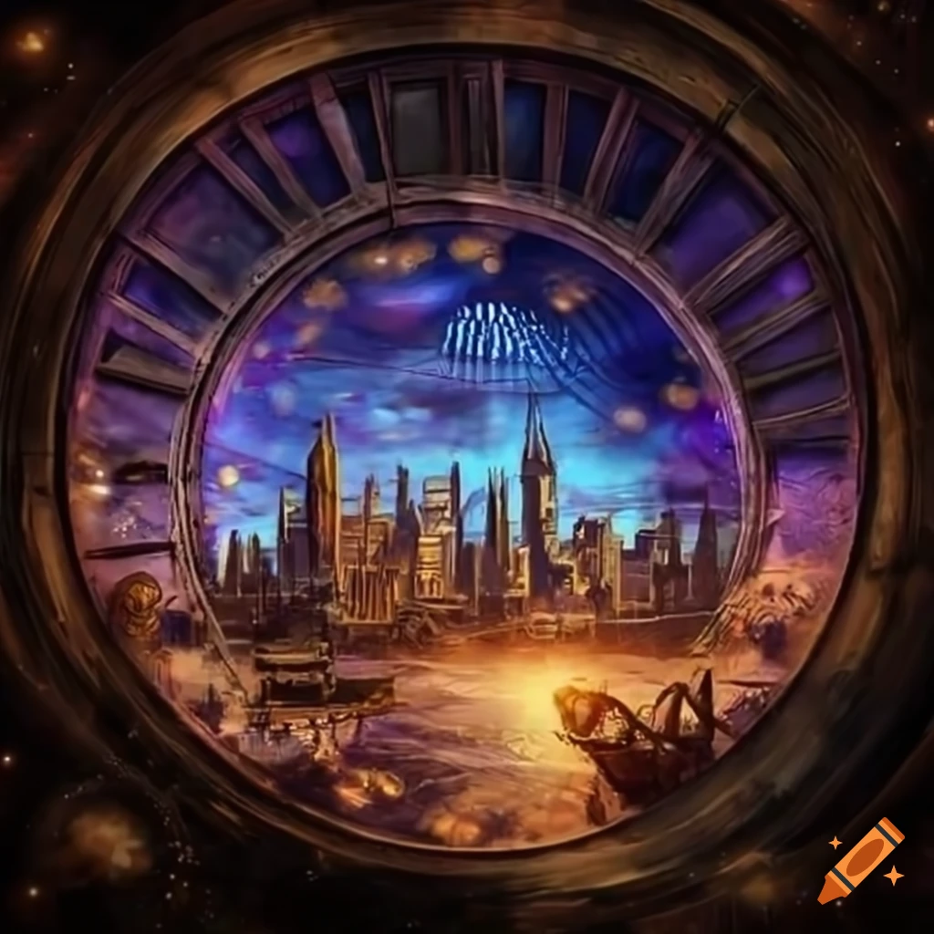 Steampunk city with outer space in the background on Craiyon