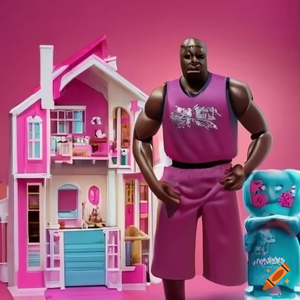 Shaq standing in front of a doll house on Craiyon