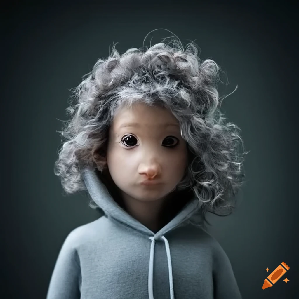 Faceless Woman With Messy Curly Grey Hair And Grey Hoodie Small As A