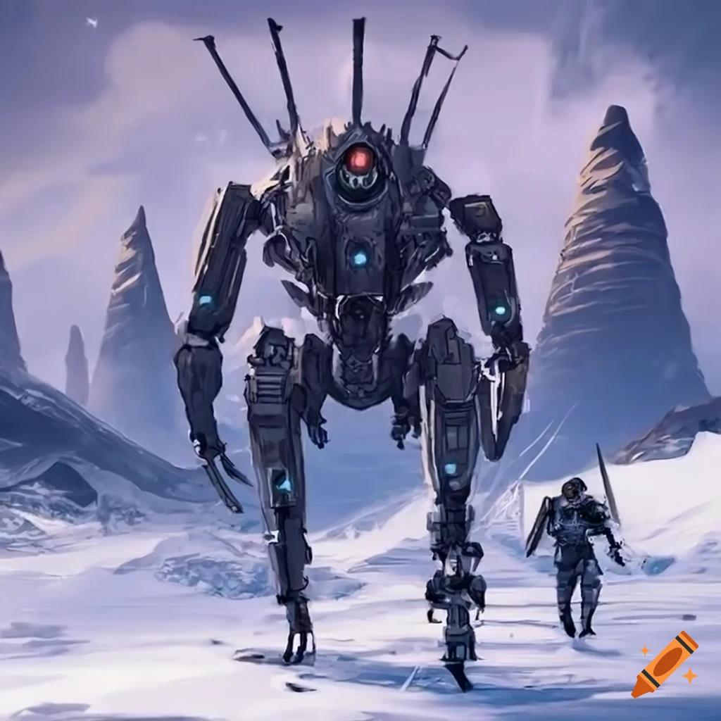 Two humanoids with futuristic mechs in a snowy landscape on Craiyon