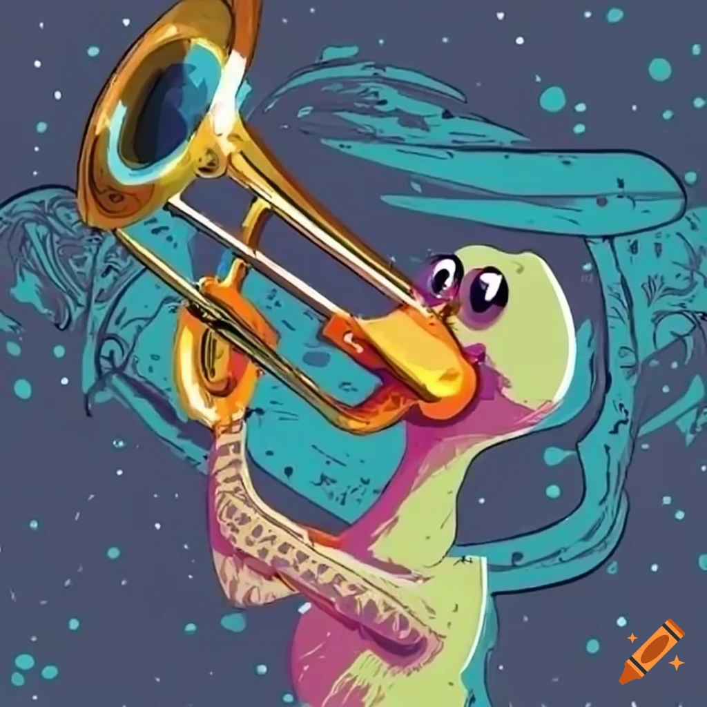 Animated duck playing trombone in space on Craiyon
