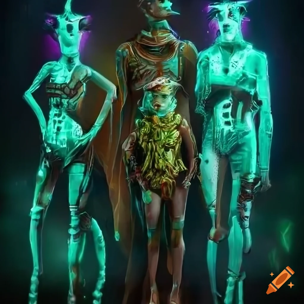 Digital illustration of a biopunk family in a futuristic biopunk ...
