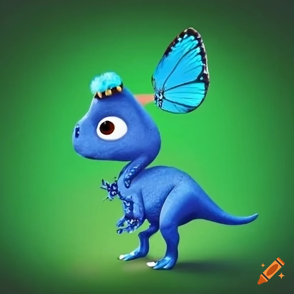 Blue dinosaur playing with a blue butterfly in a green space on Craiyon