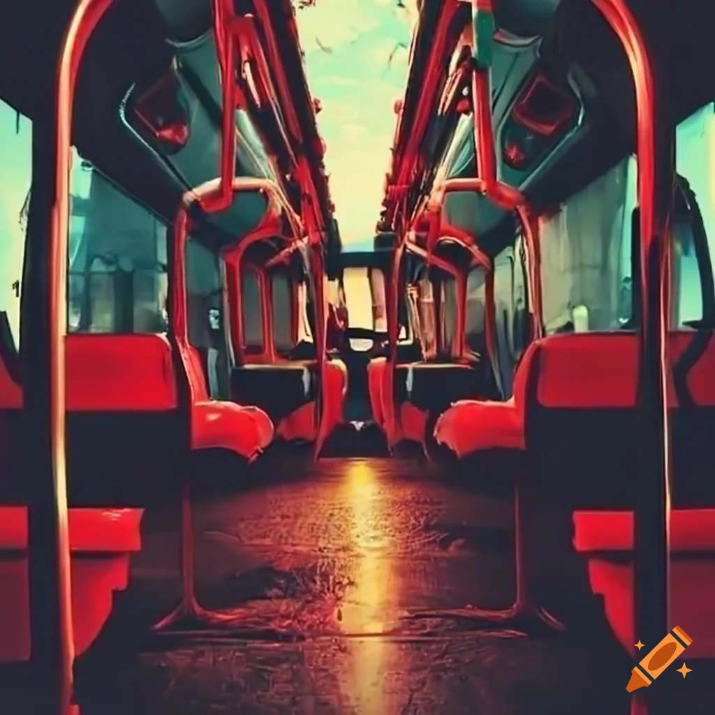 Interior of an empty and dark bus on Craiyon