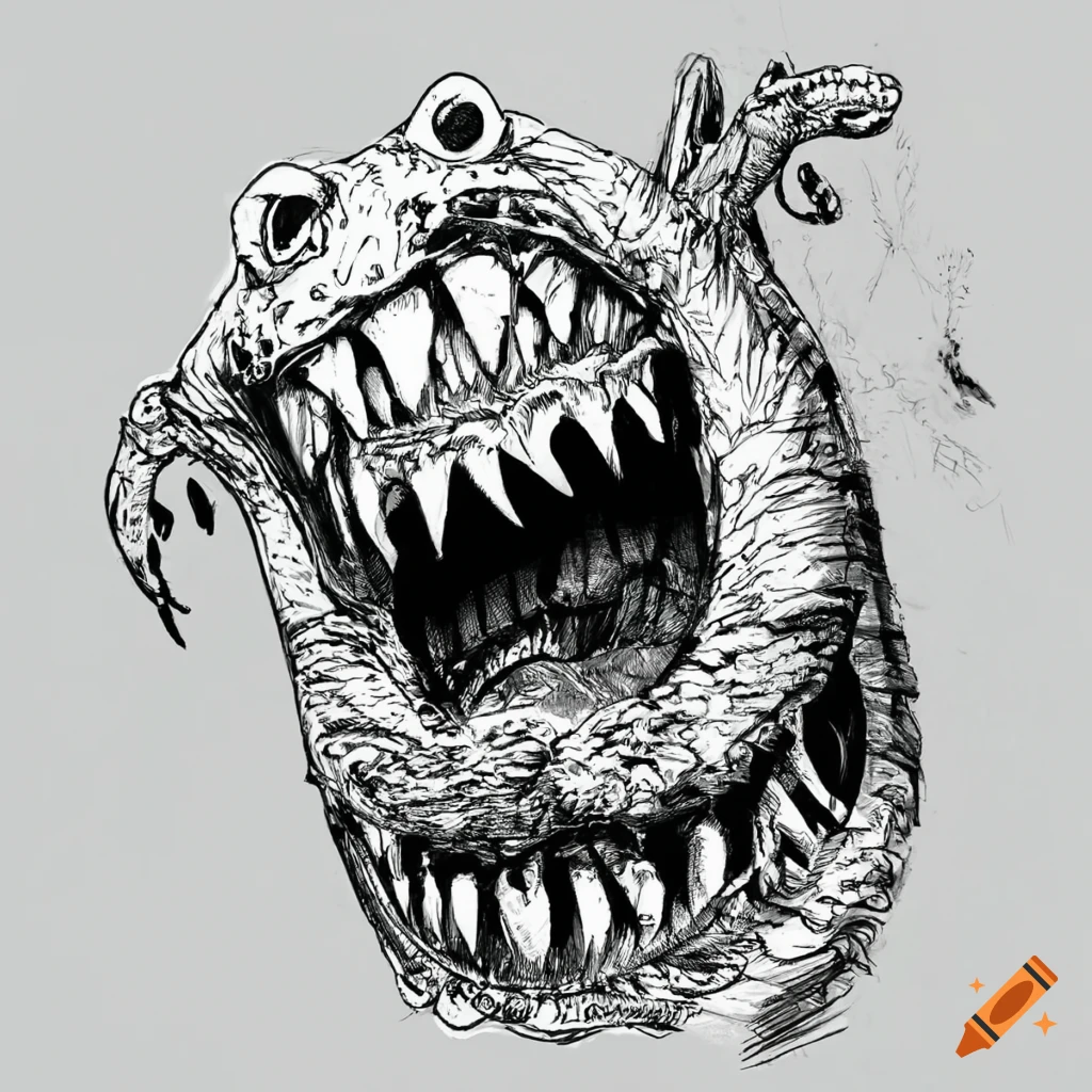 Monster with teeth talking with friends in an ink drawing on Craiyon