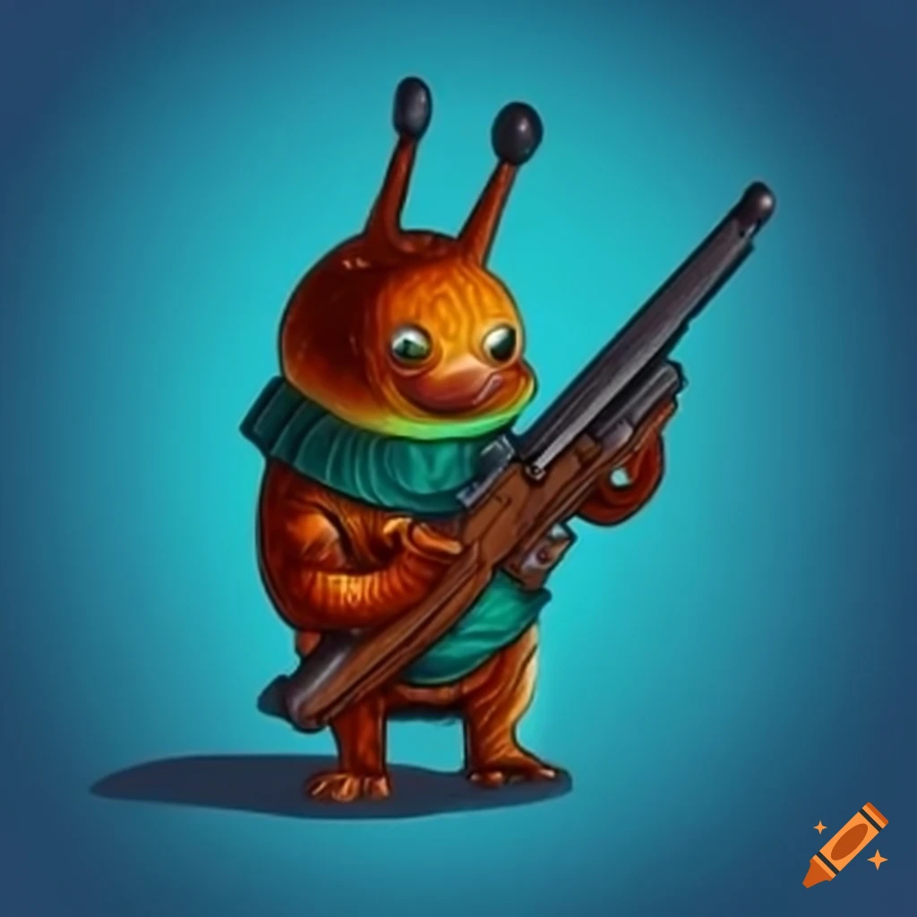 Copper colored slug holding a rifle on Craiyon