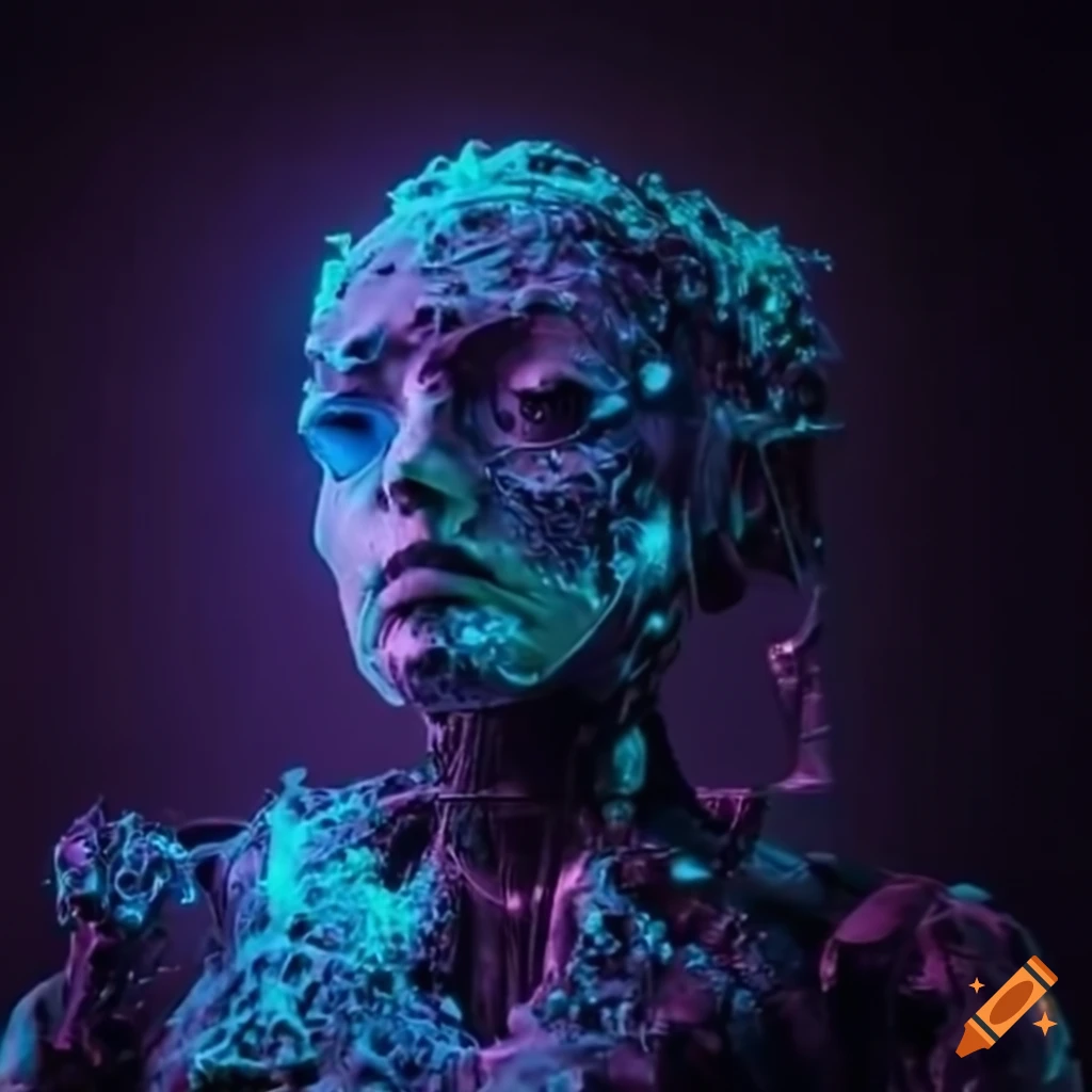 High-tech biopunk cyborg covered in glowing moss in a futuristic ...