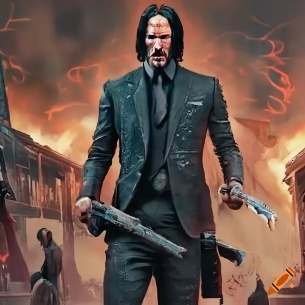 John wick battling outlaws in the wild west landscape on Craiyon