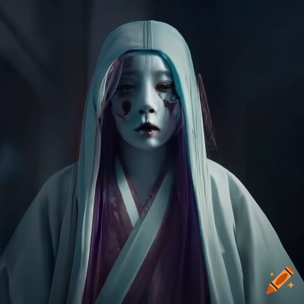 Photorealistic traditional Japanese goryo ghost with intricate clothing ...