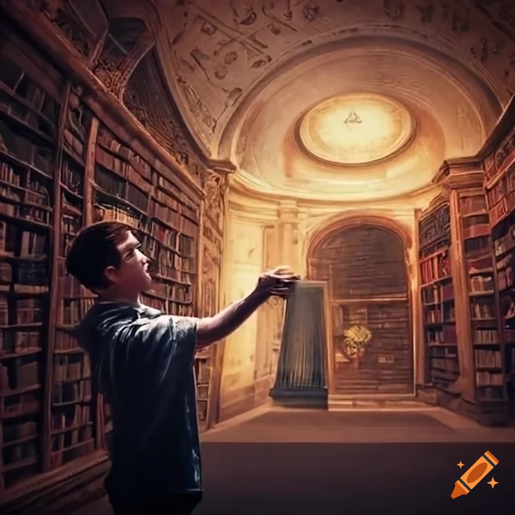 Man discovering ancient library with mysterious old book on Craiyon