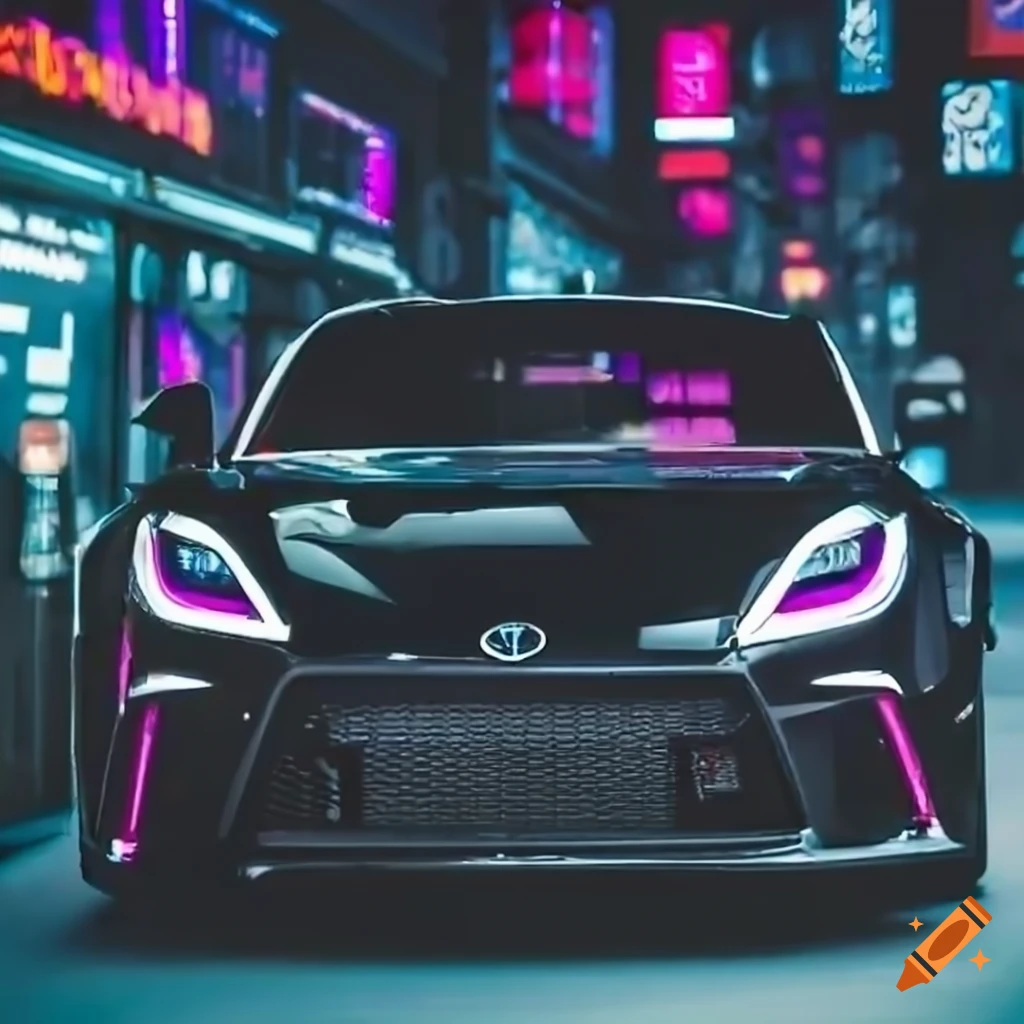 Shiny black toyota gr86 in a cyberpunk city on Craiyon