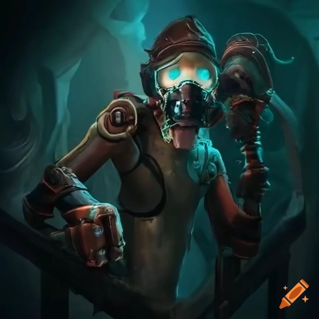 Scene of undercity zaun with people wearing magic-based prosthetic arms ...