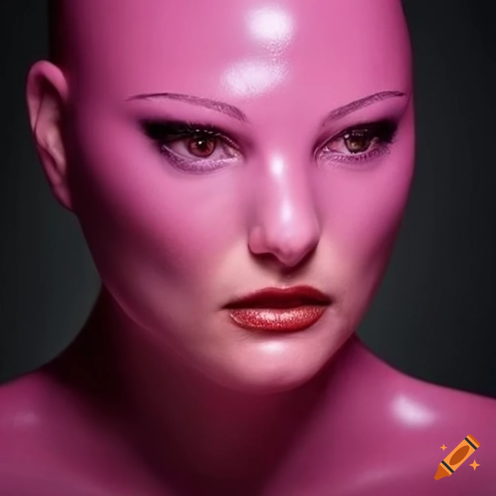 Natalie portman with a pink panther head in dusty pink transparent ...