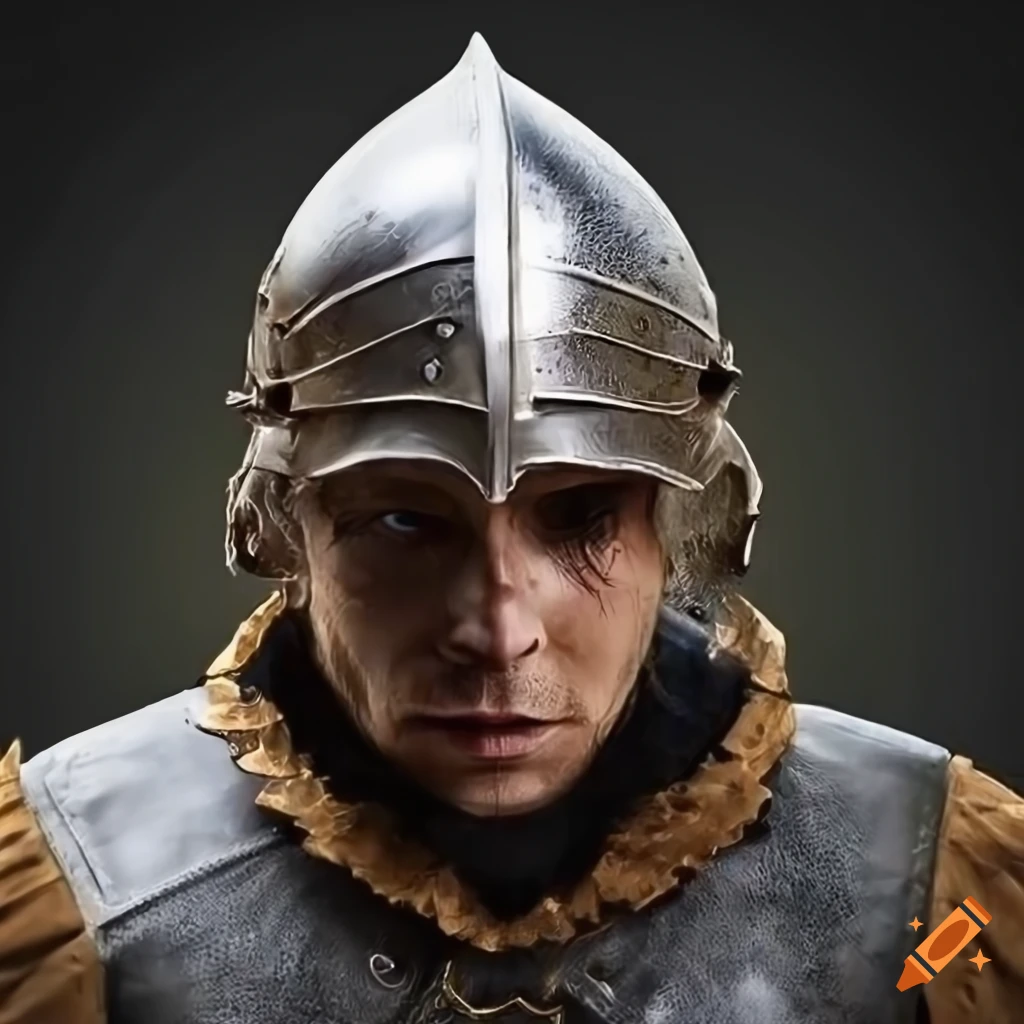 Medieval knight in golden armor with closed helmet on Craiyon