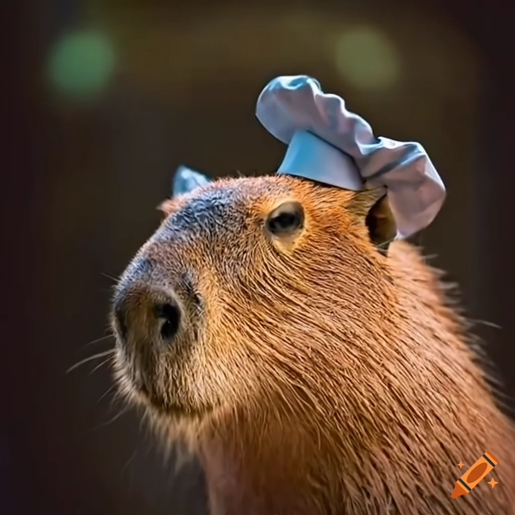 Adorable capybara wearing apron and chef's hat at a fancy restaurant on ...