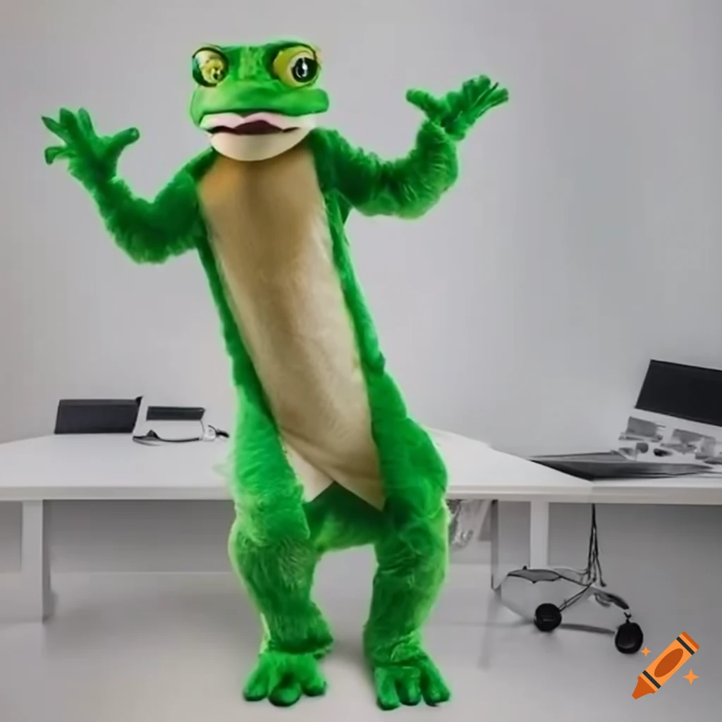 Female employee in full body gecko mascot costume at office on Craiyon