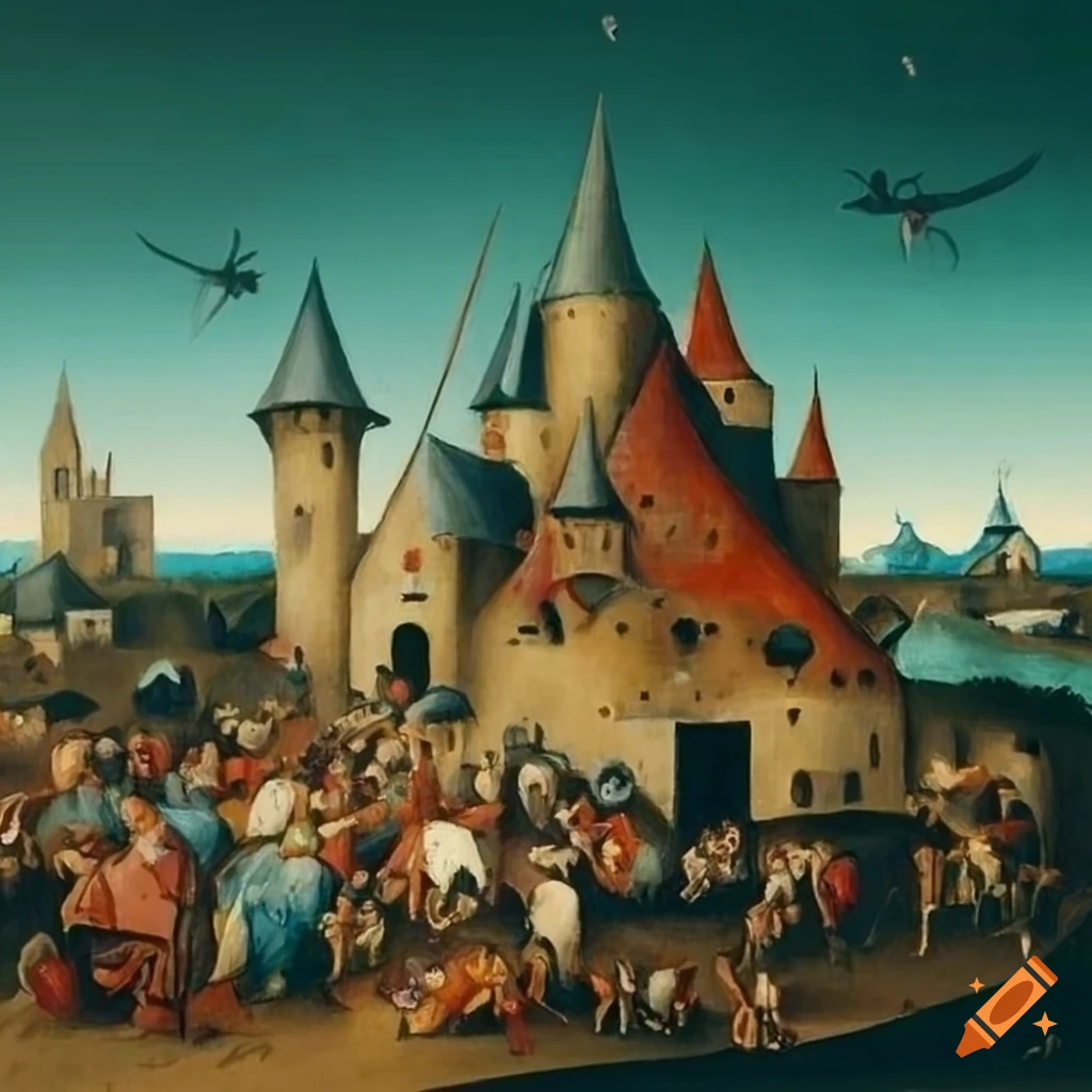 Medieval village scene with busy streets and distant castle, hieronymus ...