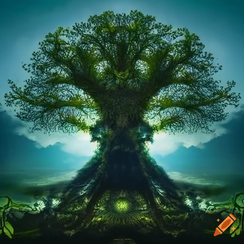 Intricate tree-like structure with luminous leaves in a serene ...