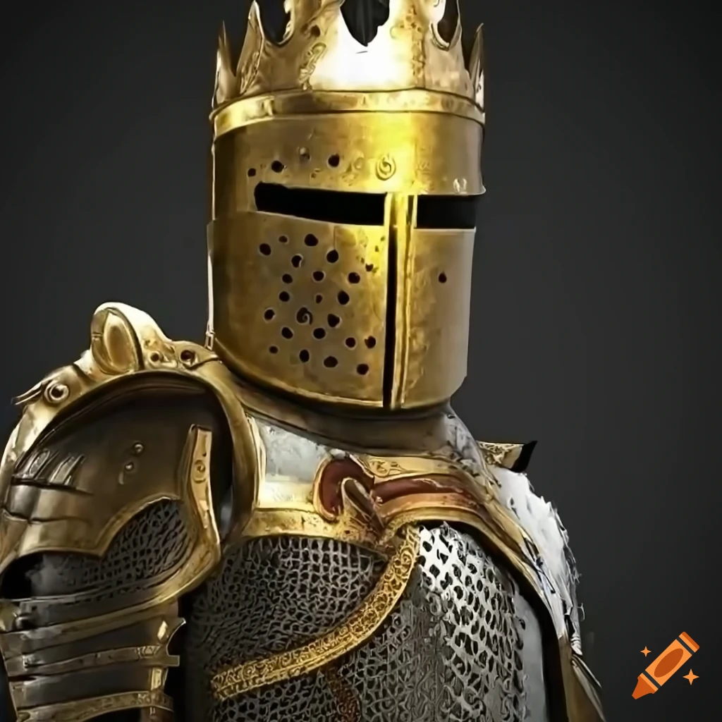 Photorealistic portrait of a medieval king in golden armor and cubic antique crusader helmet on ...