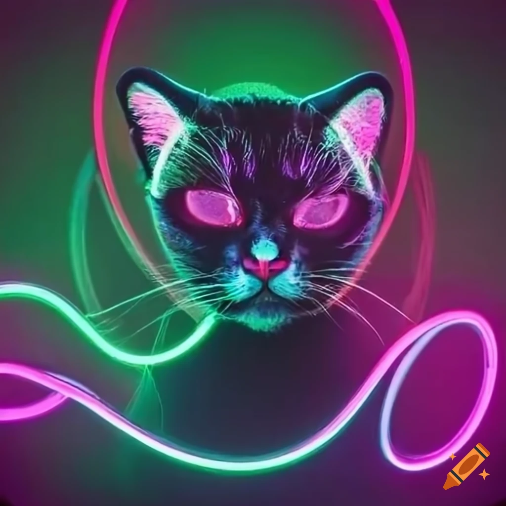 Black cat dj with neon glow sticks and a dancing duo in a music setting ...