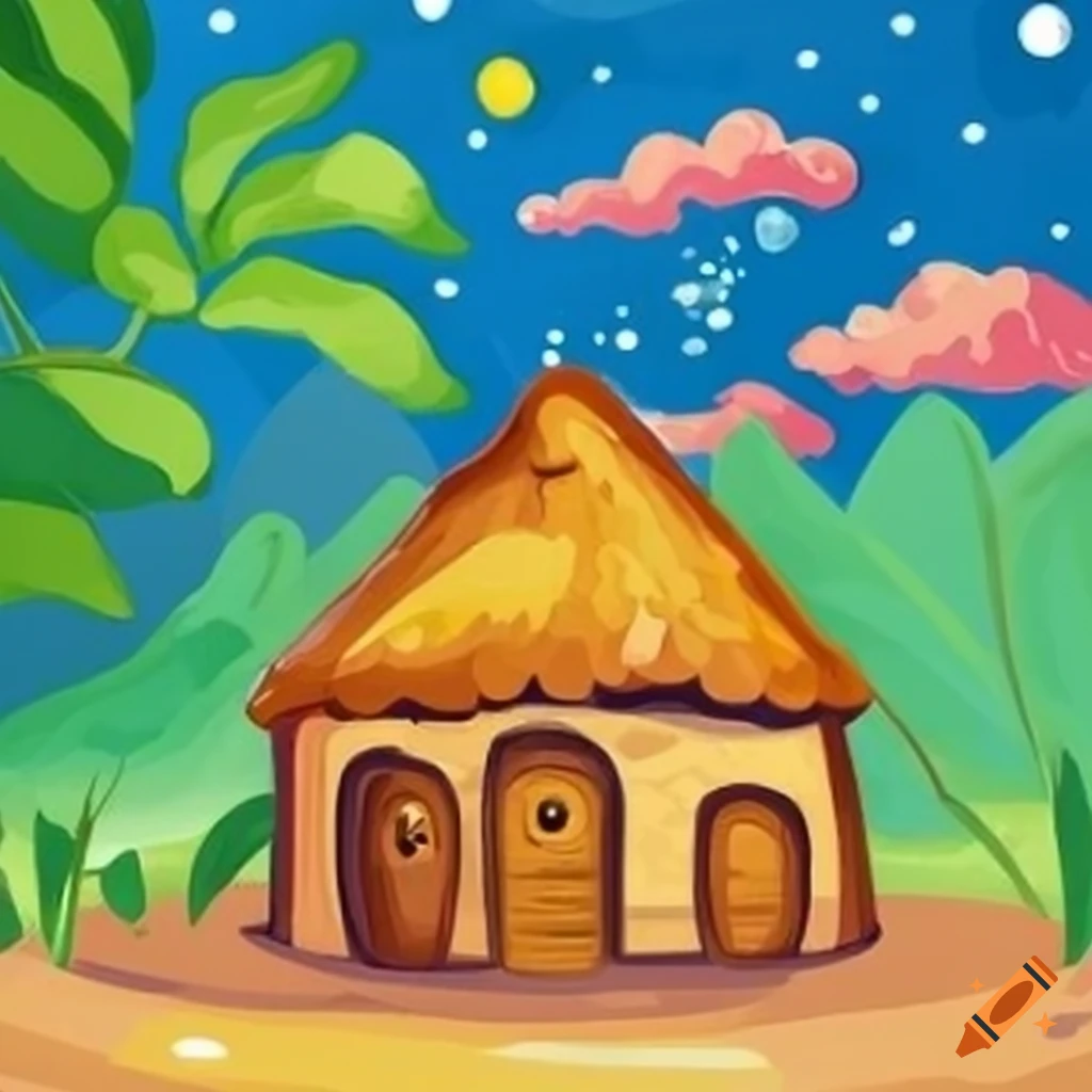 Illustration of a small hut for a children's book on Craiyon