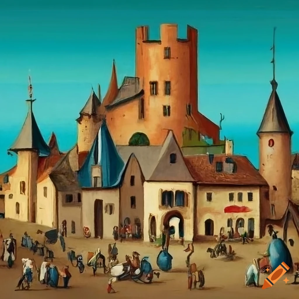 Medieval village scene with busy streets and distant castle, hieronymus ...