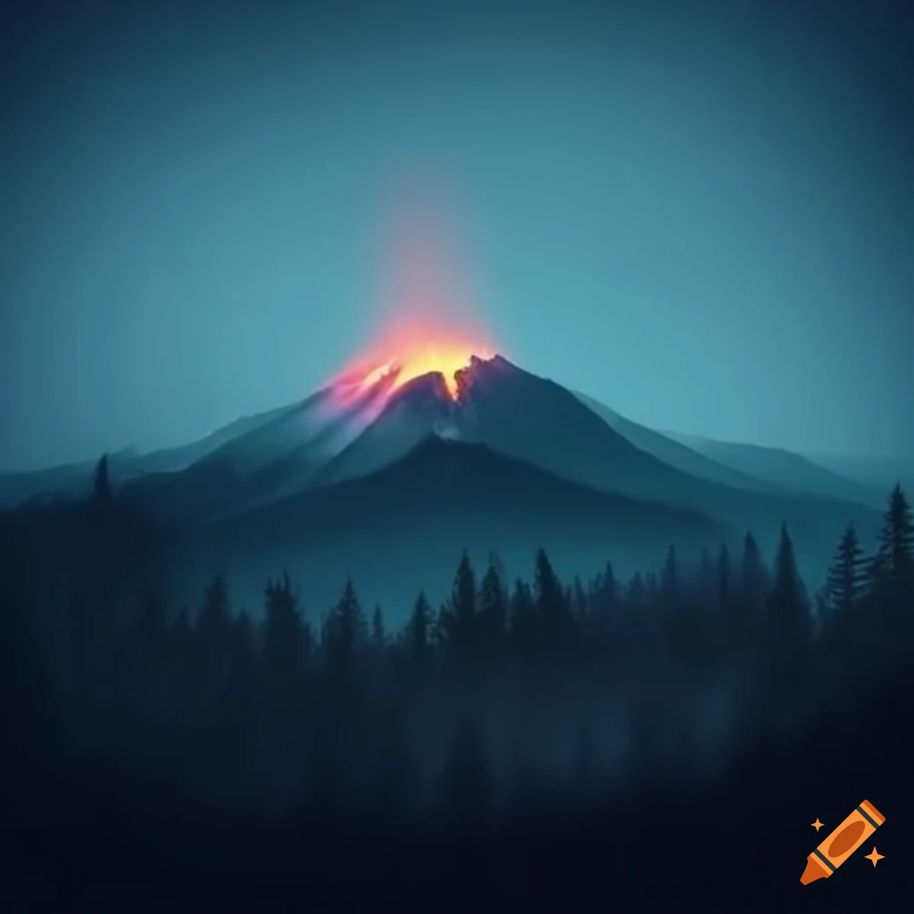 Volcanoes above icy mountains with a dark forest below on Craiyon