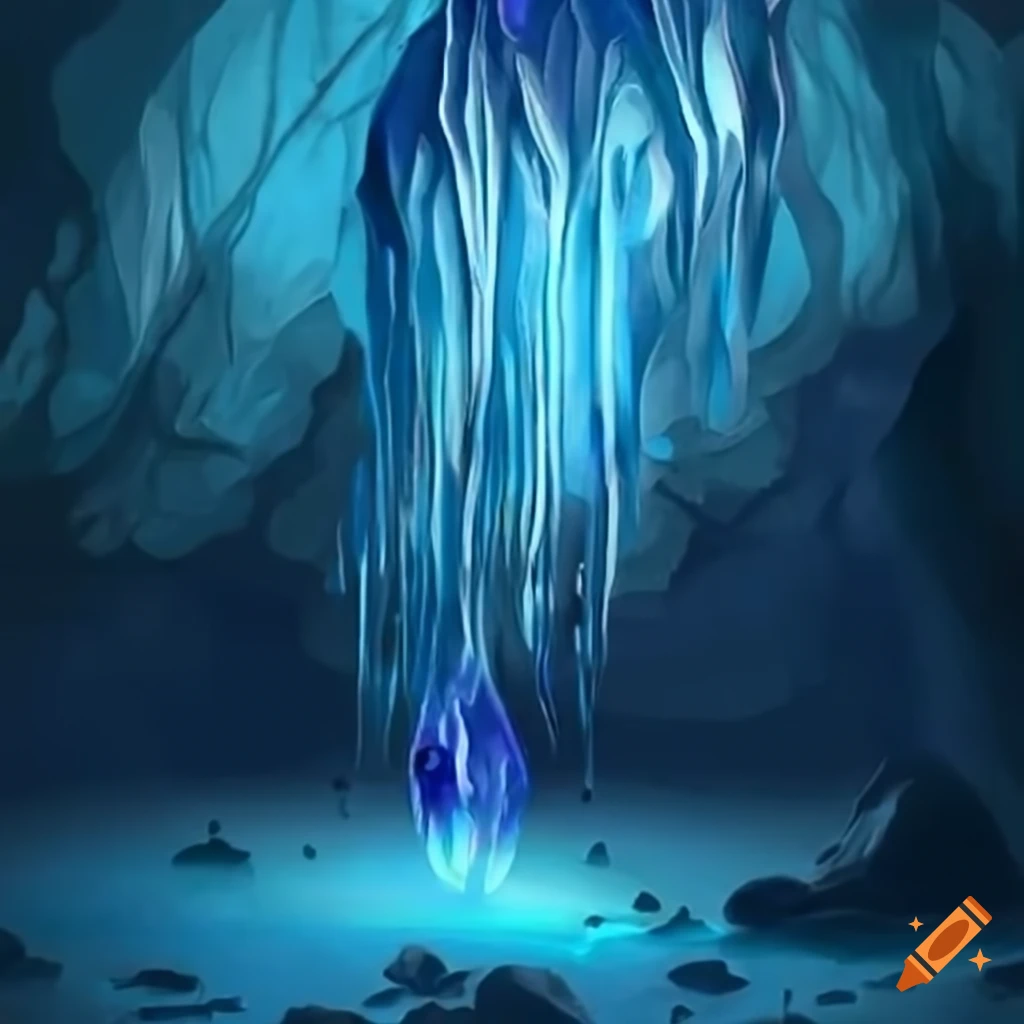 Large blue crystal floating in a cave on Craiyon