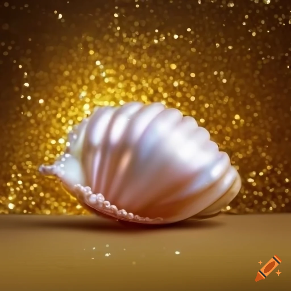 Shiny pearl in a shell on a metallic gold background with glitters on ...