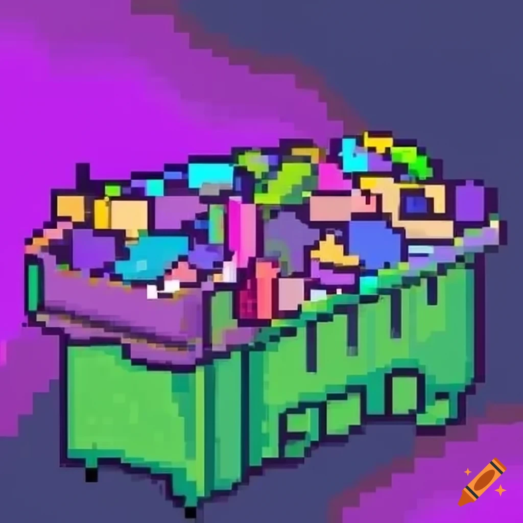 Colorful pixel art of a green dumpster with purple highlights on Craiyon