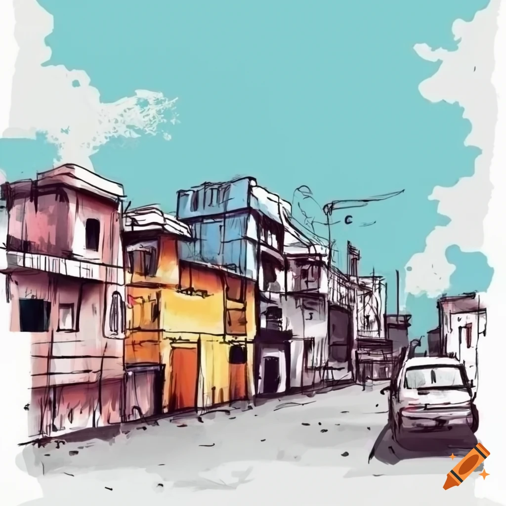 Sketch illustration of a compact street in india with buildings on both ...