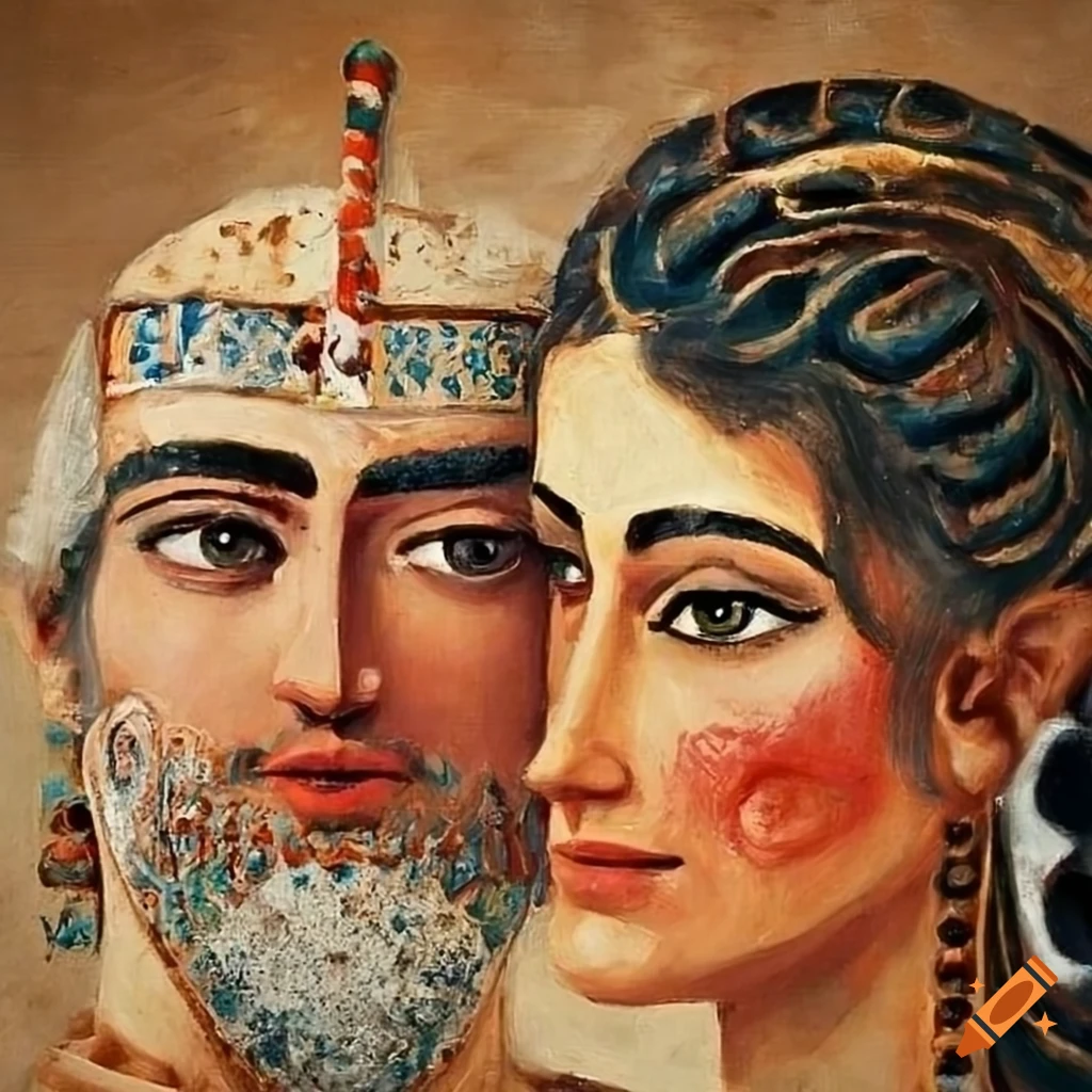 Loving couple with a loaf of bread and a jug of wine in ancient Persia ...