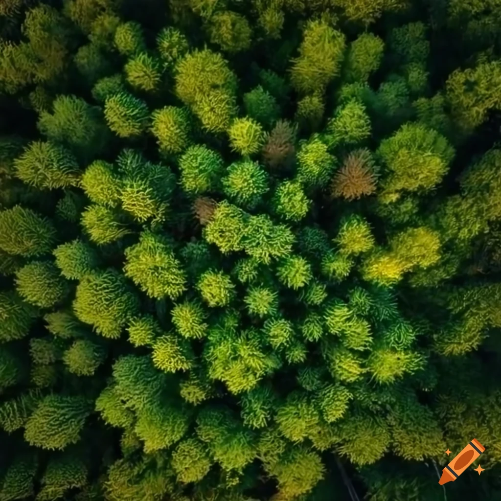 Aerial view of a forest with bushes, resembling a drone shot on Craiyon