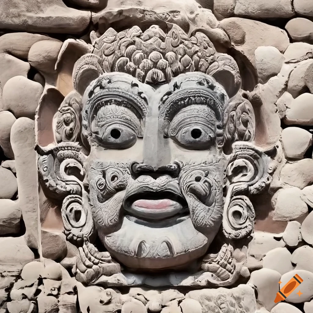 Grayscale tibetan indian mural stone pattern carved in stone on Craiyon