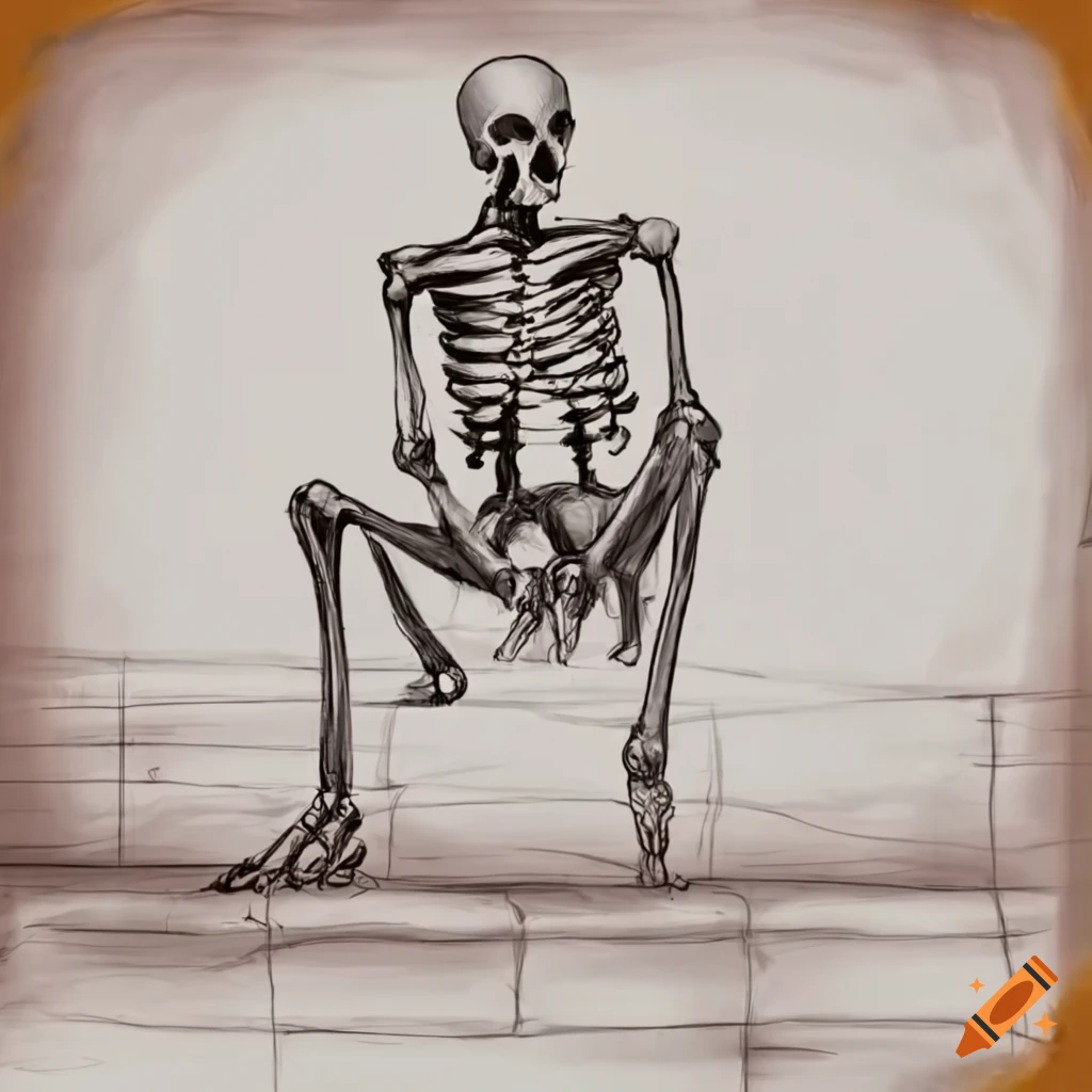 Contemplative human skeleton lounging on a curb on Craiyon