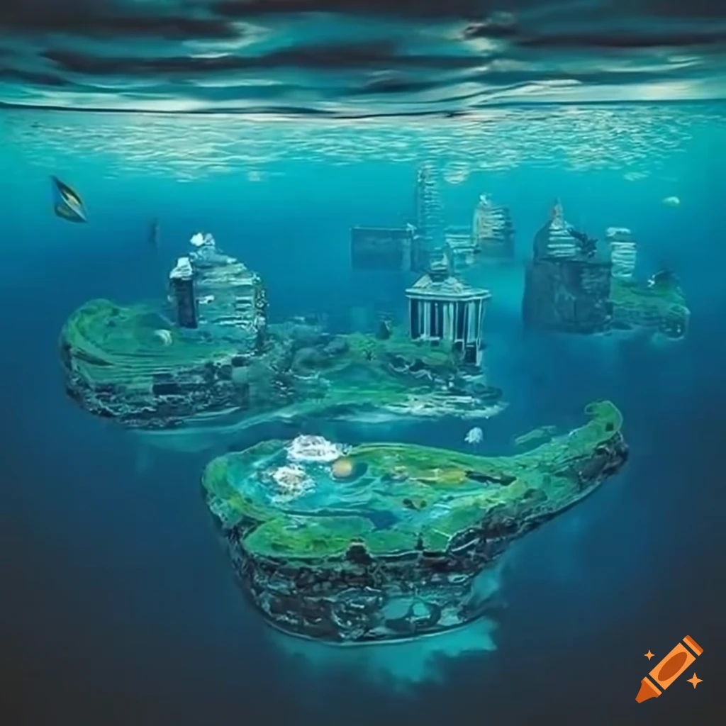 Underwater buildings with islands above and connecting tunnels ...