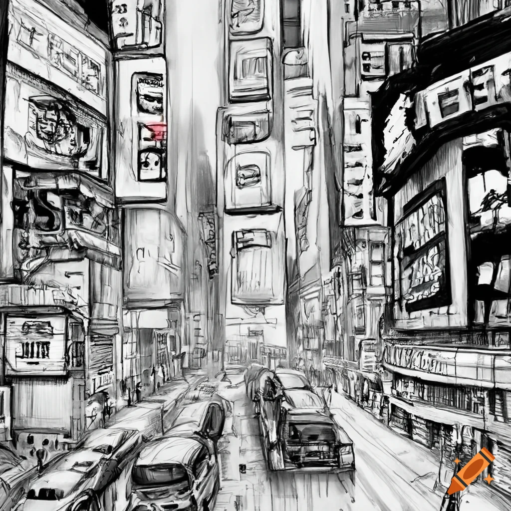 70s sci-fi times square with flying cars in pencil drawing on Craiyon