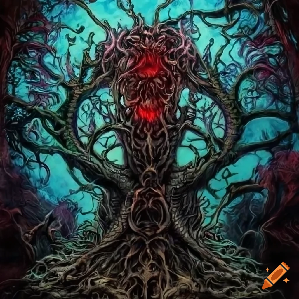 An artwork featuring jinmenju tree, anatomical heart, black dragon ...
