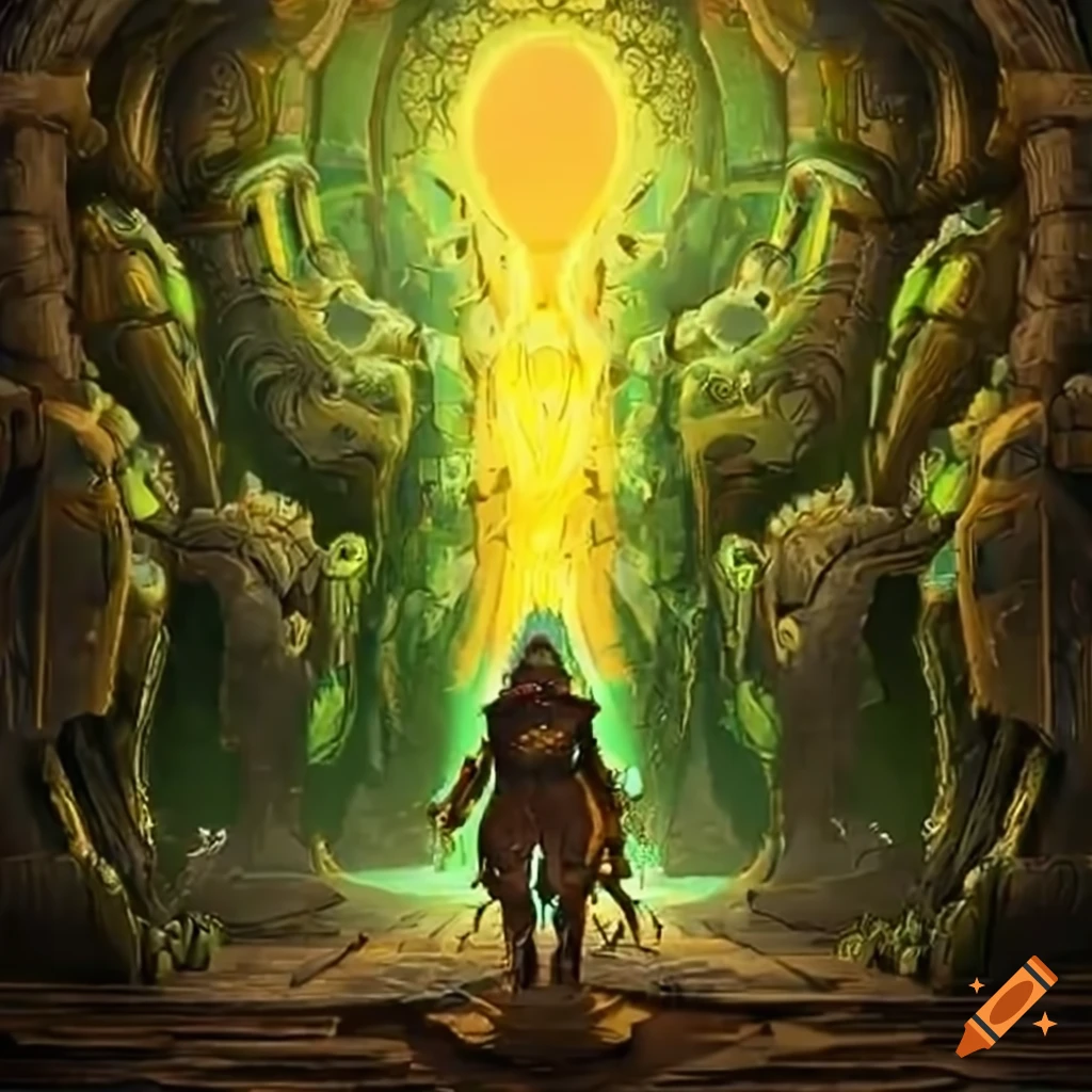 Nature god in full platemail armor leading robots through green portal ...