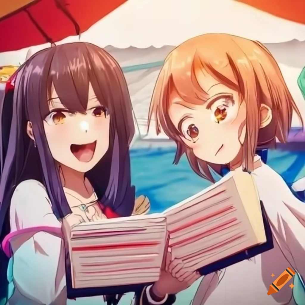 Cheerful anime girls bonding while reading science books at an outdoor ...