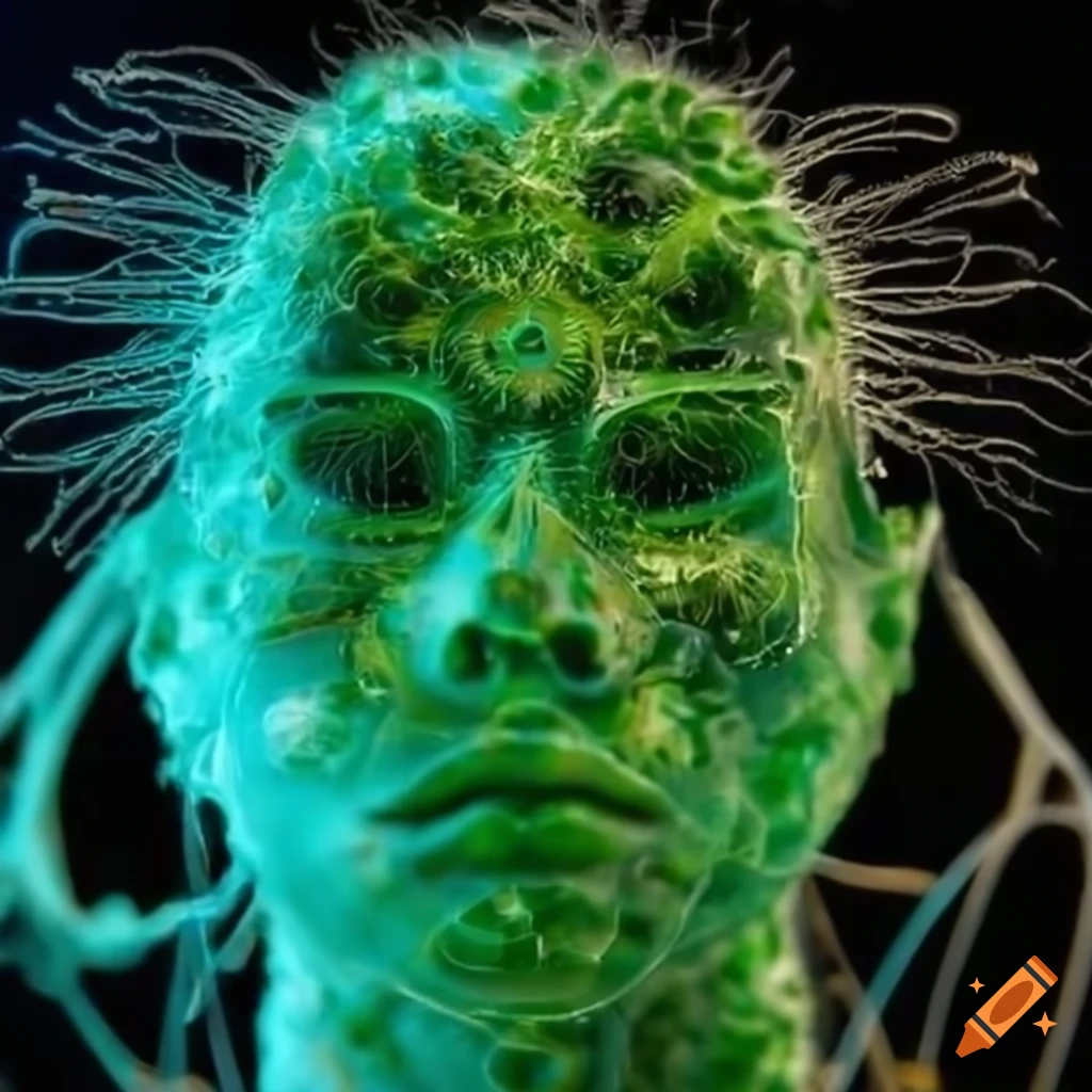 High-tech biopunk cyborg covered in glowing moss in a futuristic ...