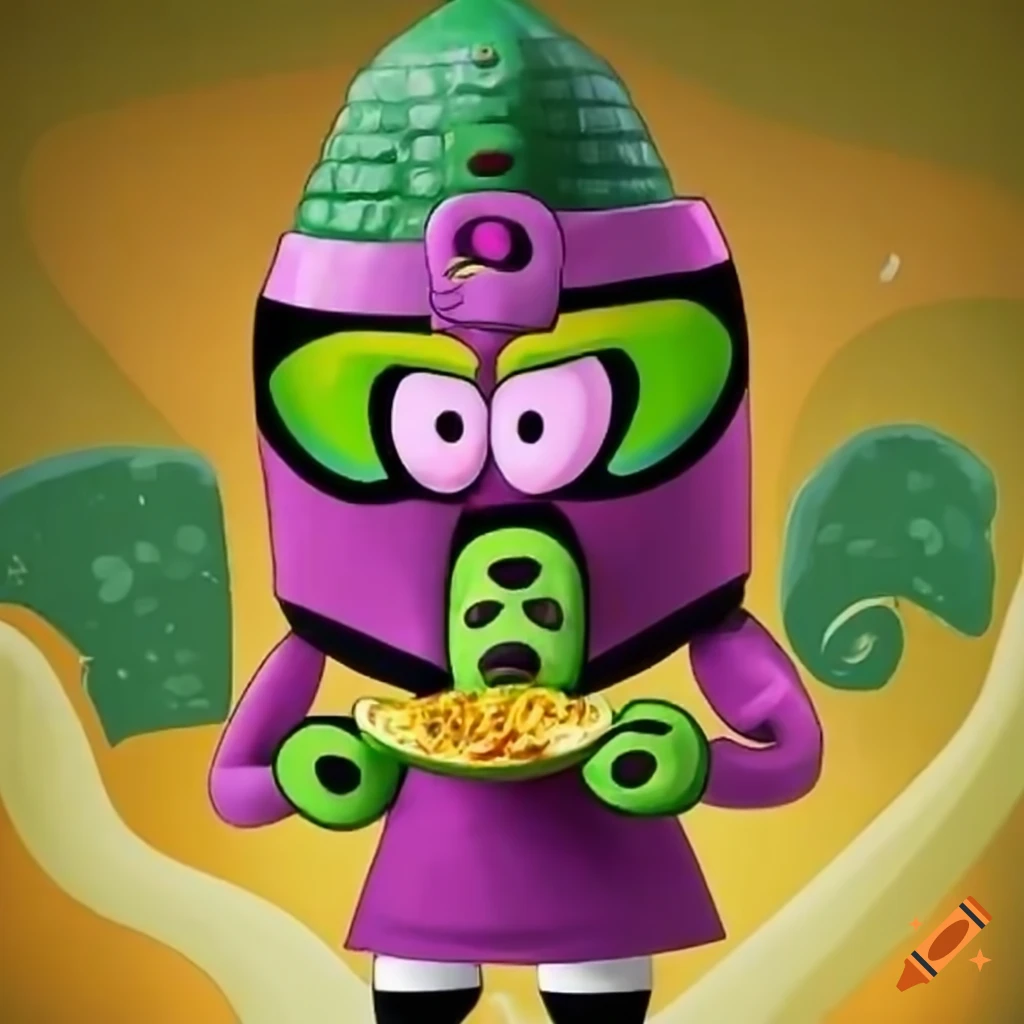 Mojo jojo from powerpuff girls holding a dish of fried potatoes on Craiyon