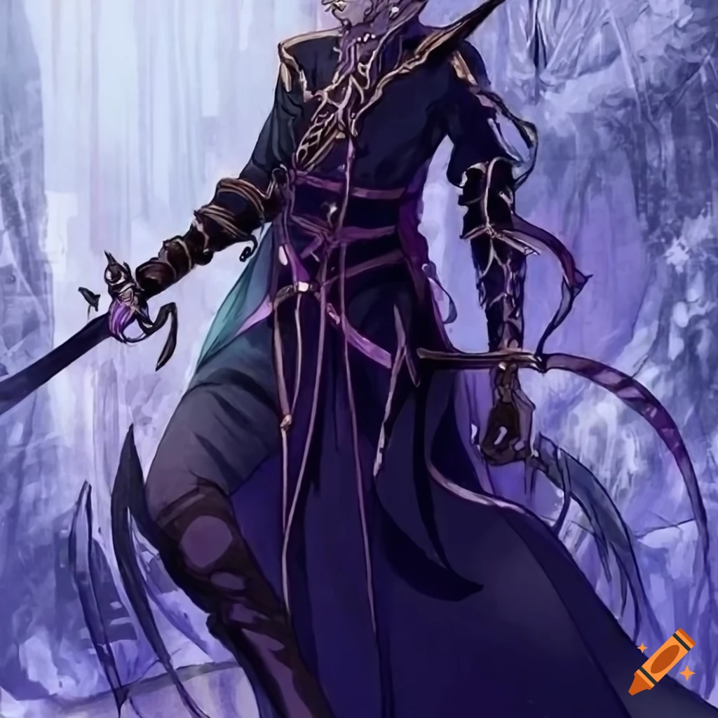 Dark-skinned elf with silver hair and noble attire holding a rapier on ...