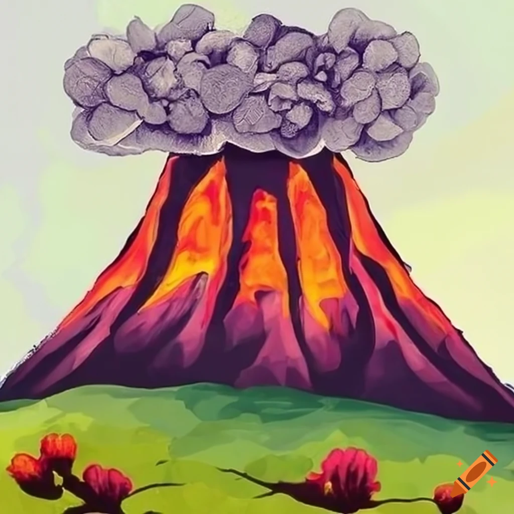Volcano surrounded by flowers with a cake in the foreground on Craiyon