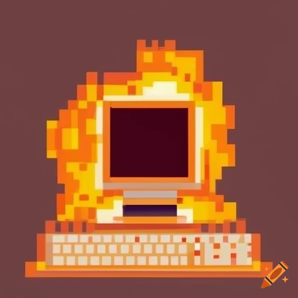 Pixel art drawing of a pc with fire explosion in the display on Craiyon
